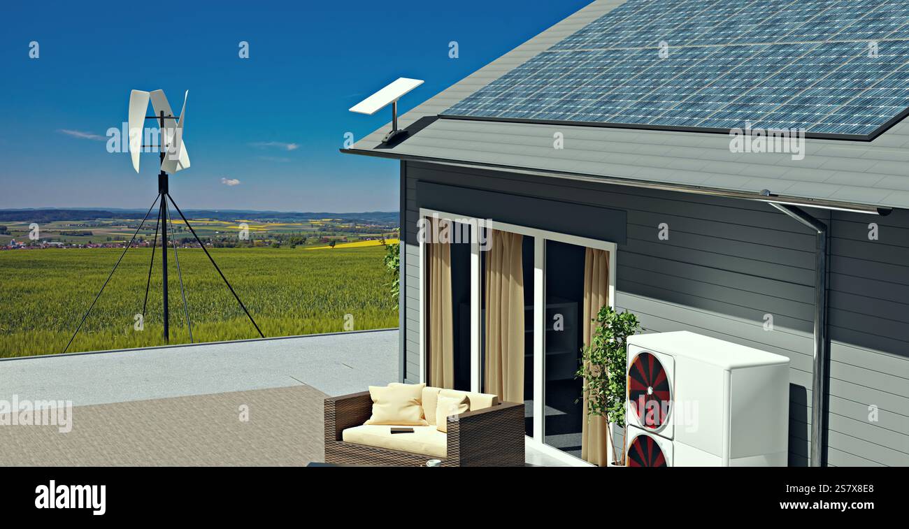 A modern wind turbine and Starlink internet with air-to-water heat pump ...