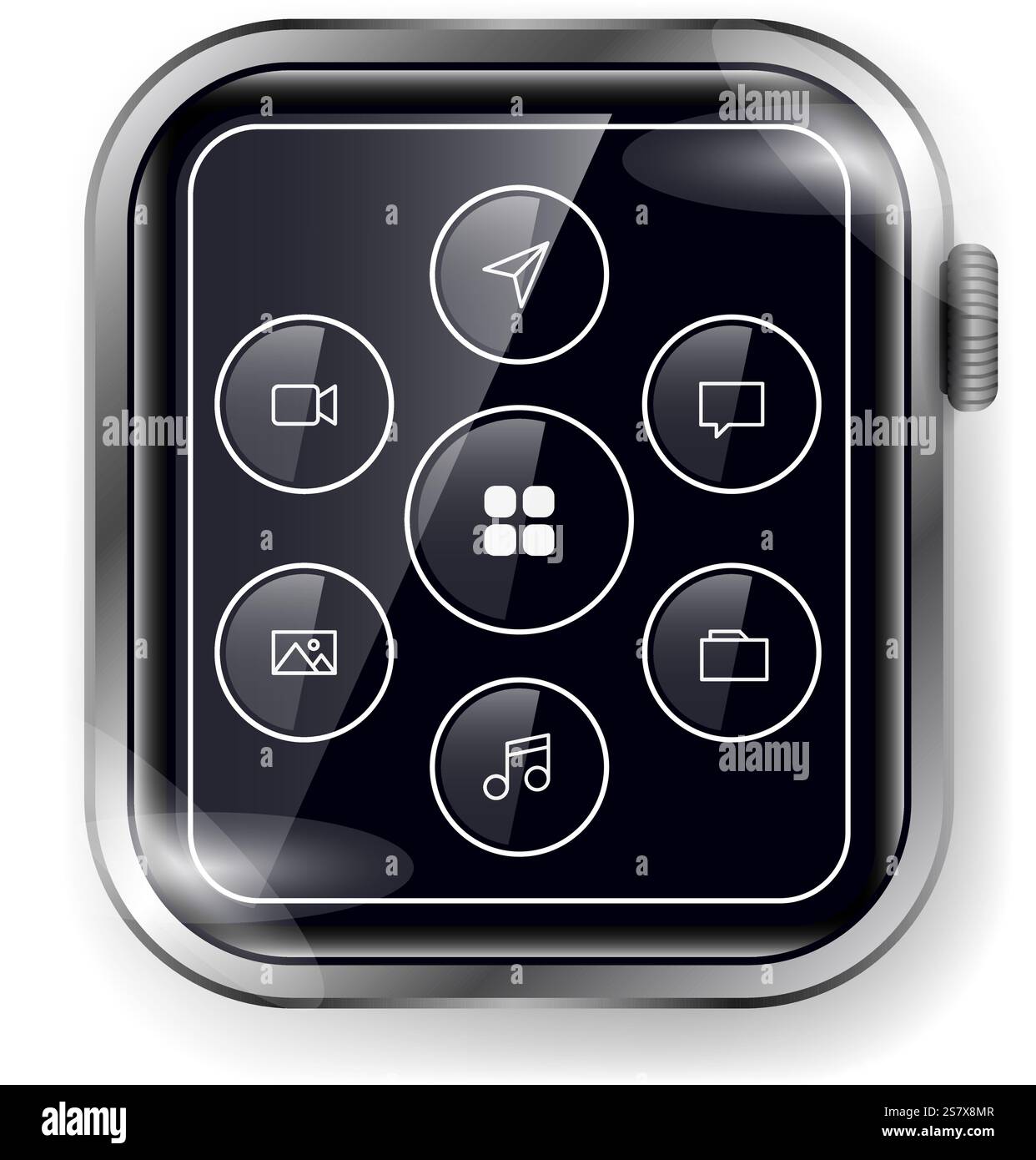A modern smartwatch interface displaying an organized apps library with ...