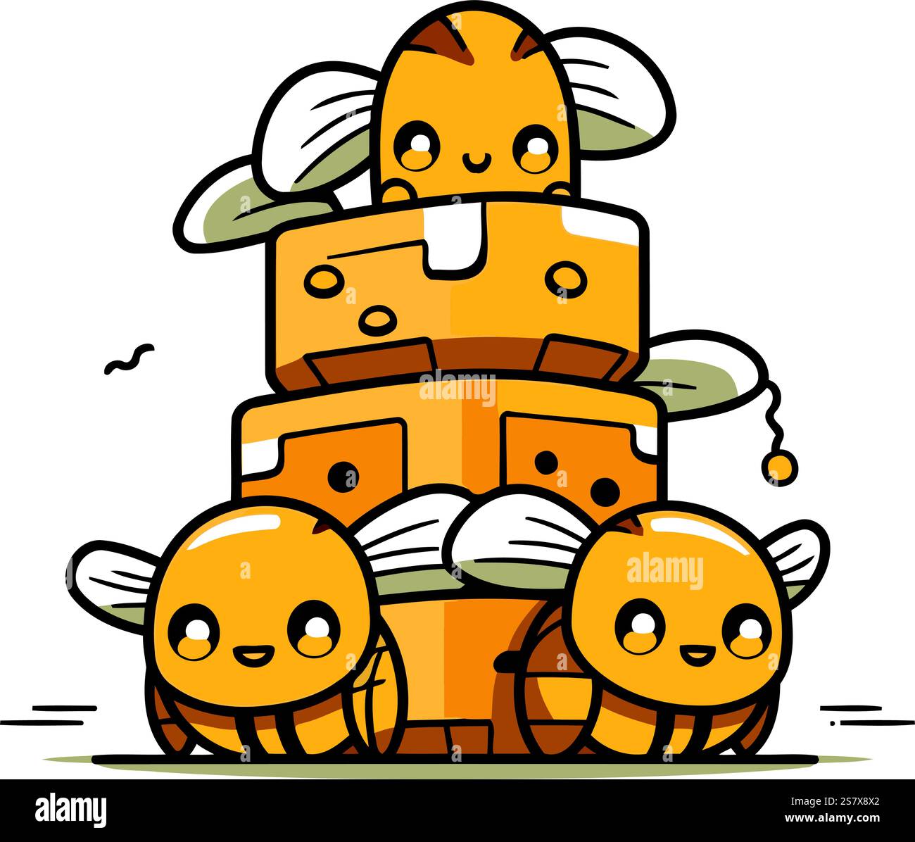 Cute cartoon bees holding big stack of cheese. Vector illustration ...