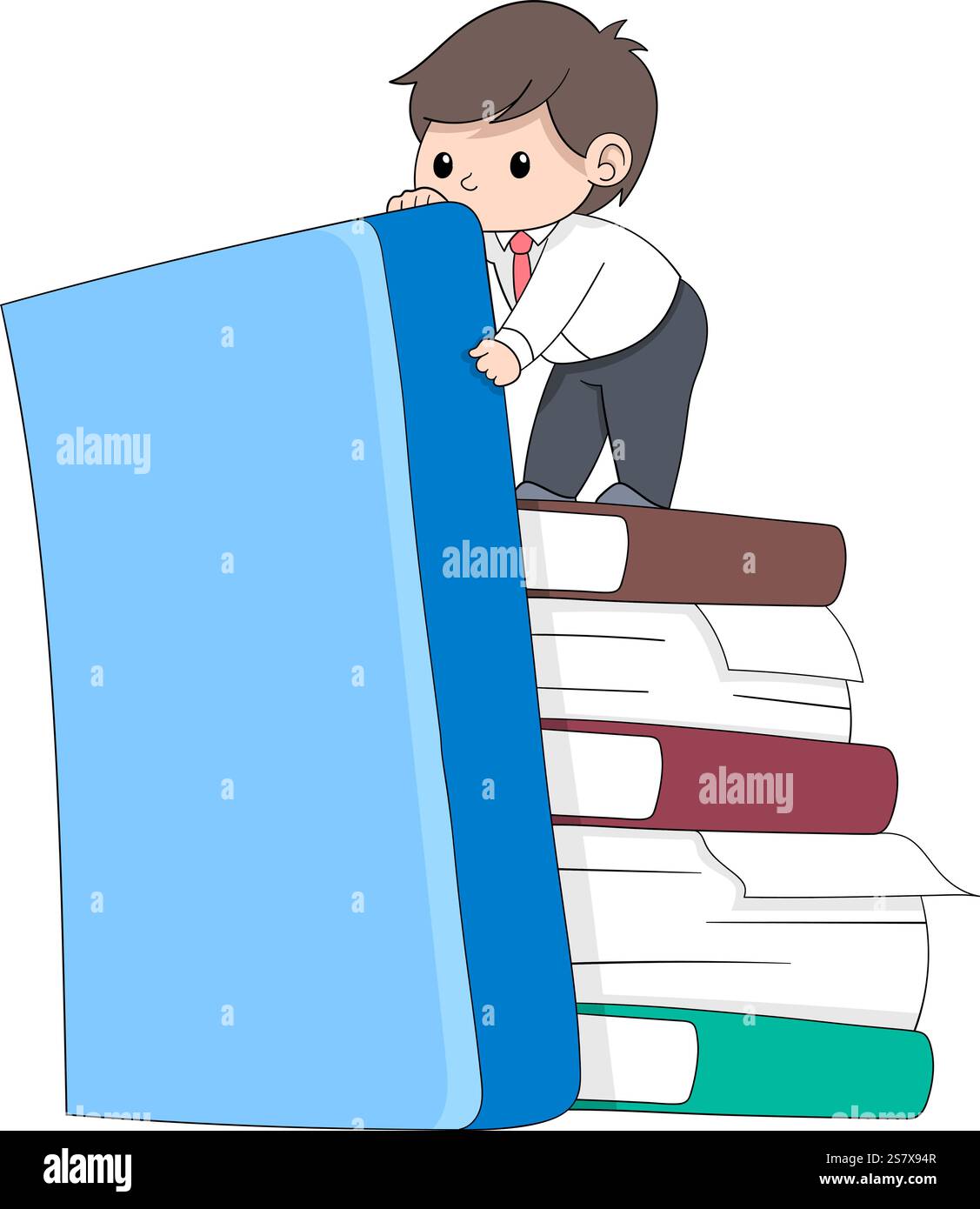 A cartoon businessman climbing a tall stack of books, symbolizing ...