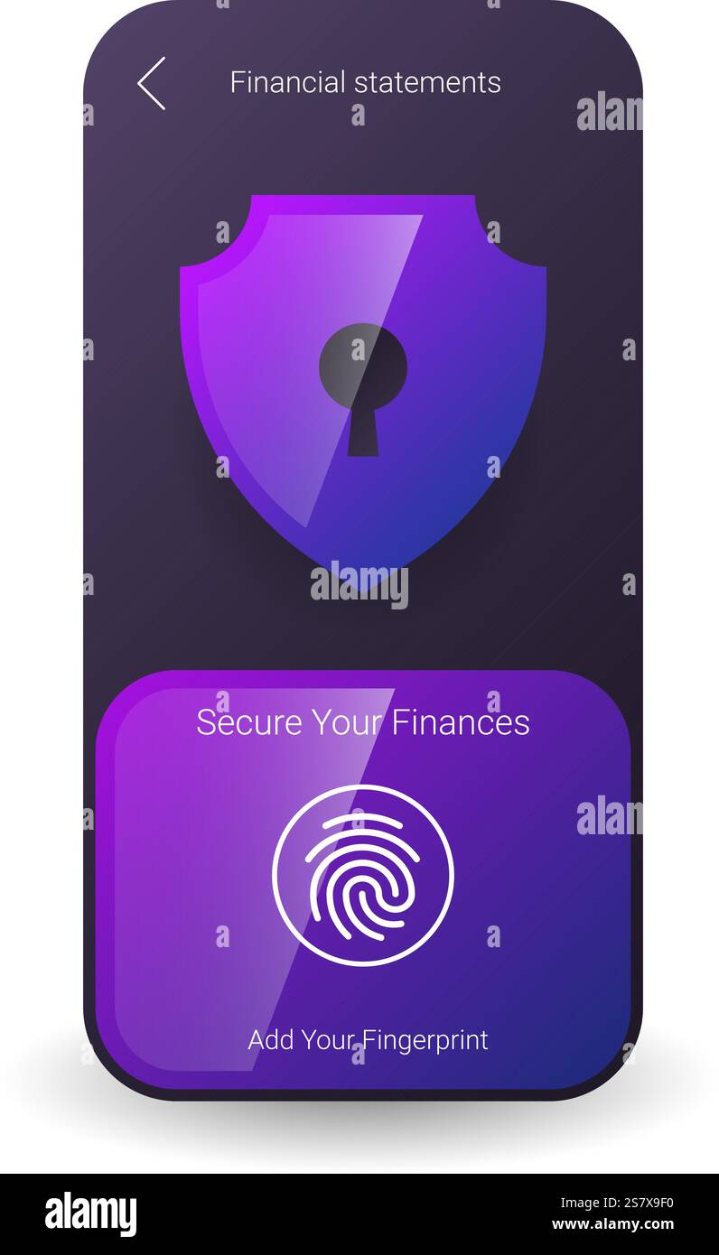 A modern mobile app interface for securing financial statements featuring a gradient shield icon ...