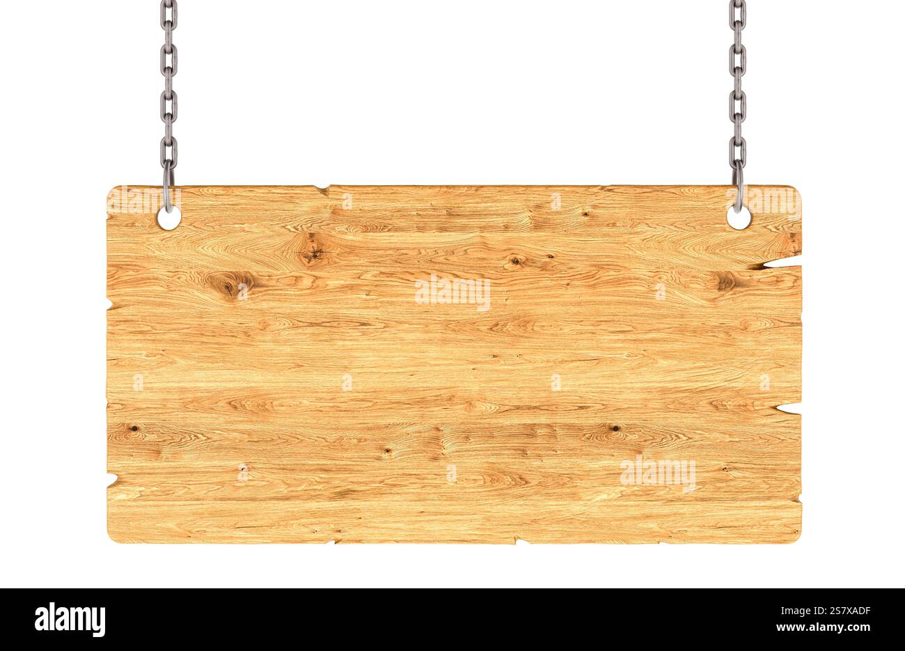 Wooden Hanging Sign on chain, front view. 3D rendering isolated on ...