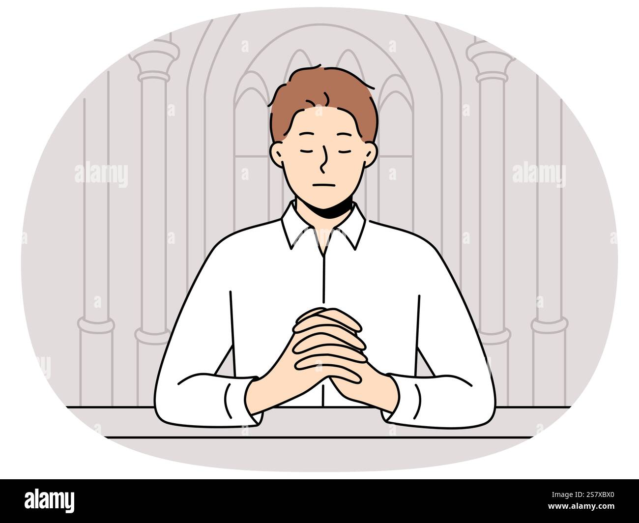 Man praying sitting on bench in temple seeking spiritual support in ...