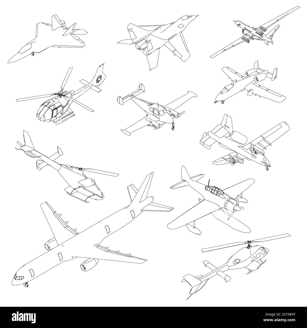 Series of airplanes are drawn in black and white. The planes are of ...