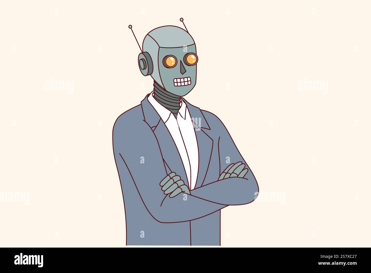 Humanoid robot in business suit stands with arms crossed, demonstrating ...