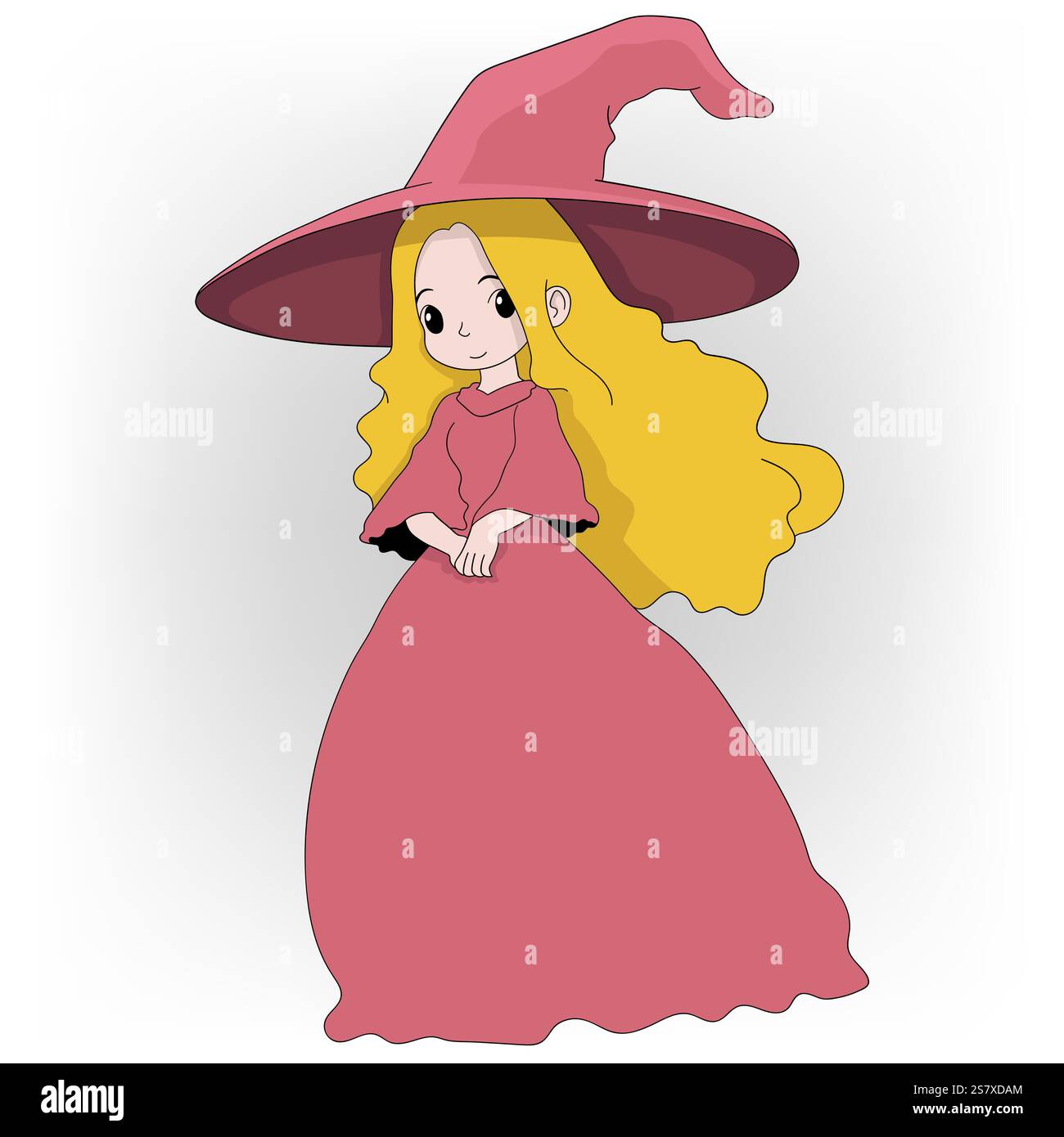 cartoon doodle illustration about halloween festival, beautiful witch in pink dress is smiling ...