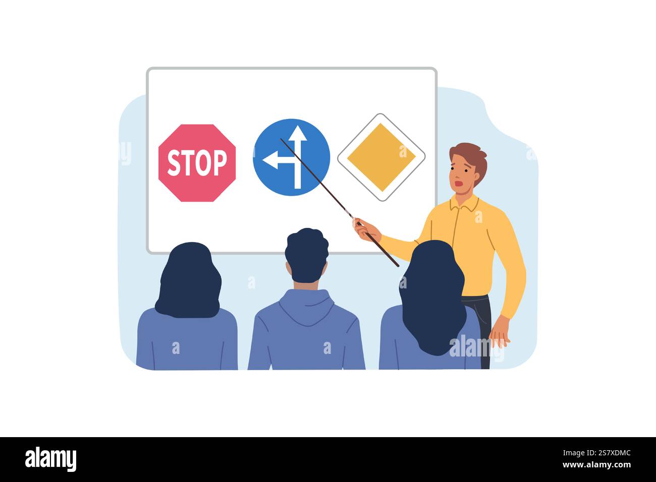 Lesson in driving school with people learning rules of road, and ...