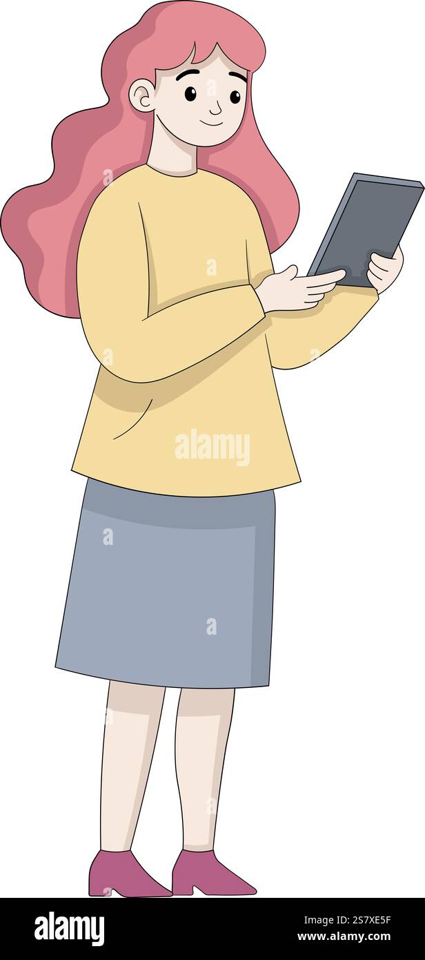 This vector illustration features a young woman with pink hair ...