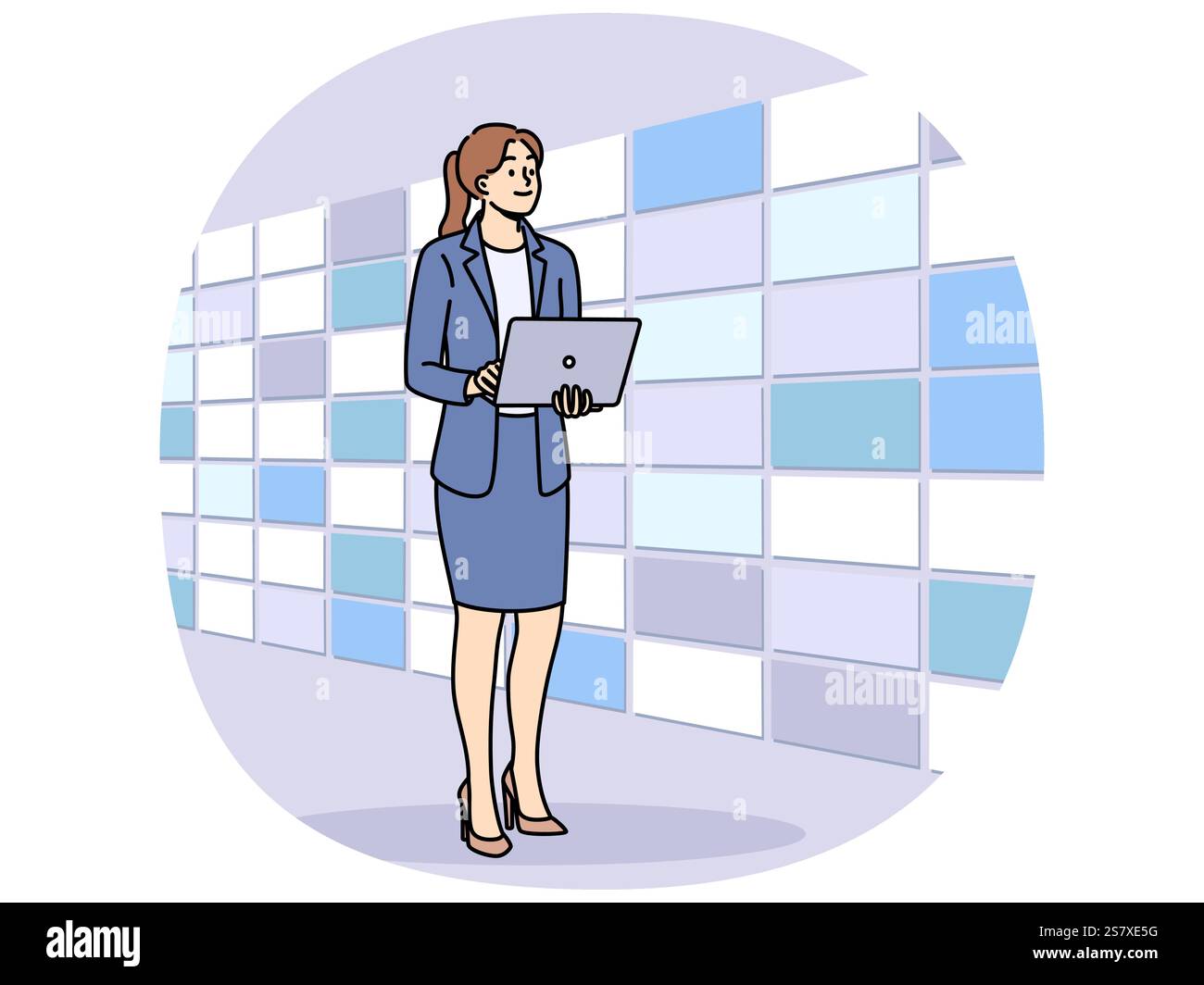 Woman working at telecommunications company stands in monitoring center ...