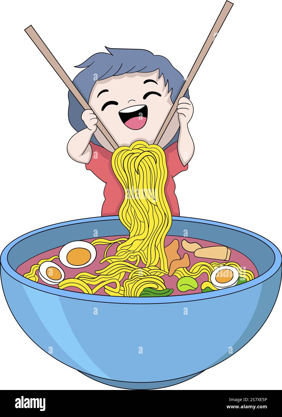 This vector illustration features a joyful cartoon boy mascot stirring ...