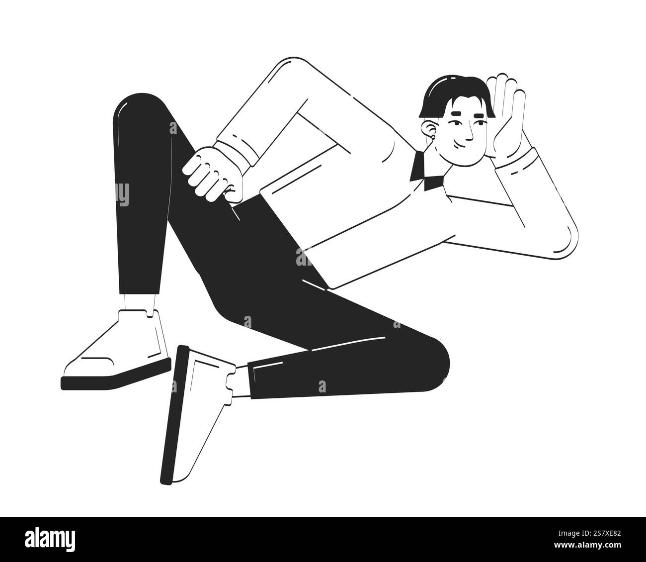 Happy korean office employee resting at work doodle linear character ...