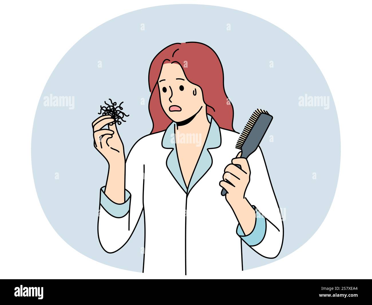 Woman suffering from baldness or hair loss problems holds comb and ...