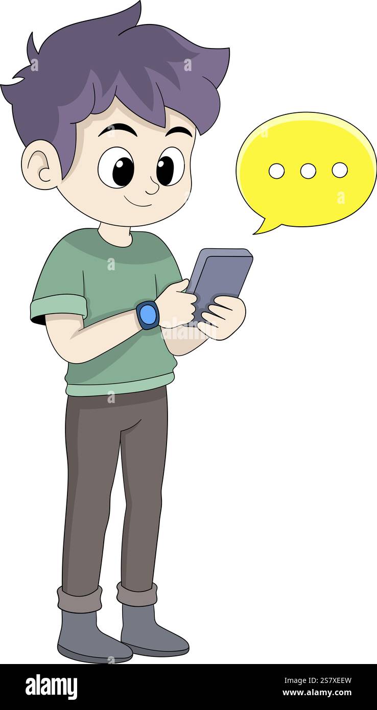 A cartoon style vector illustration of a young boy with purple hair ...