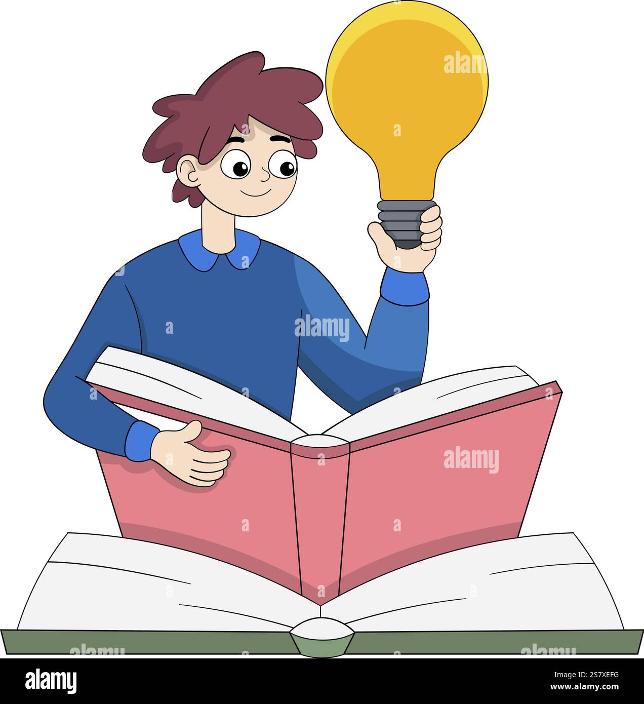This vector illustration depicts a young man immersed in reading a book while holding a ...