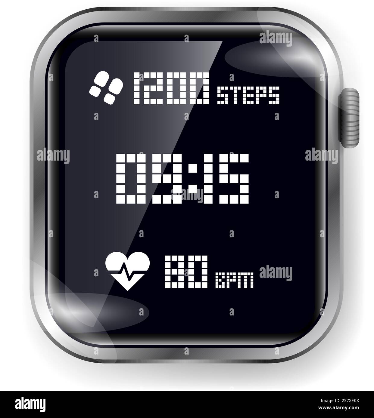 A smartwatch face featuring a retro pixelated design displaying time ...