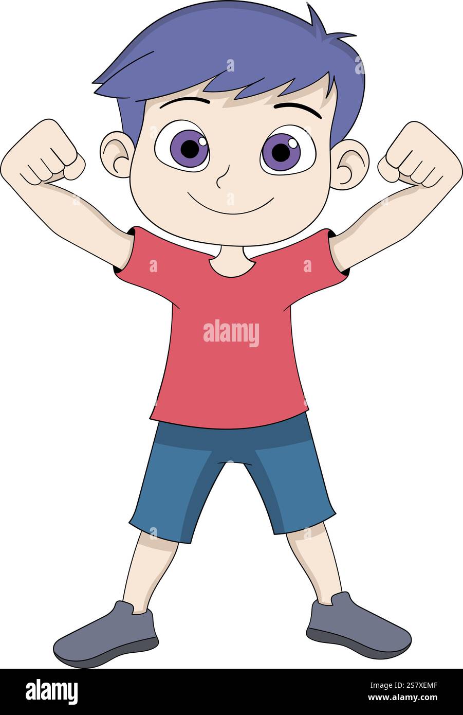A cheerful cartoon illustration of a boy confidently flexing his arms ...
