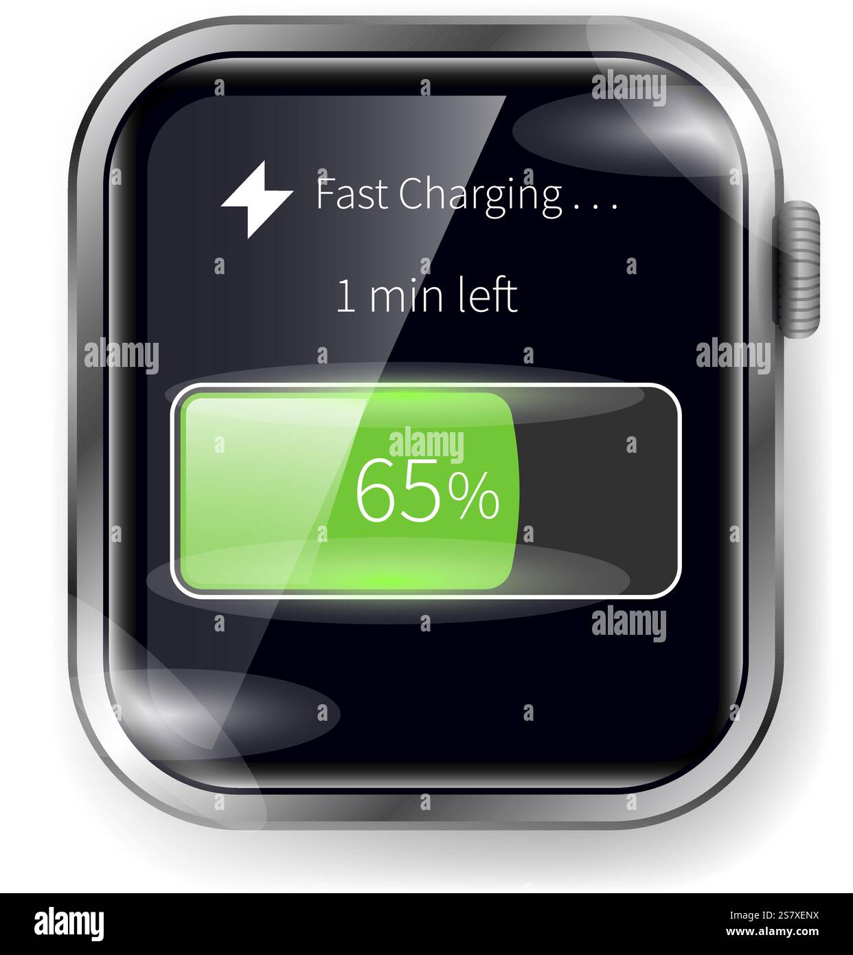 A sleek smartwatch face displaying fast charging progress with a ...