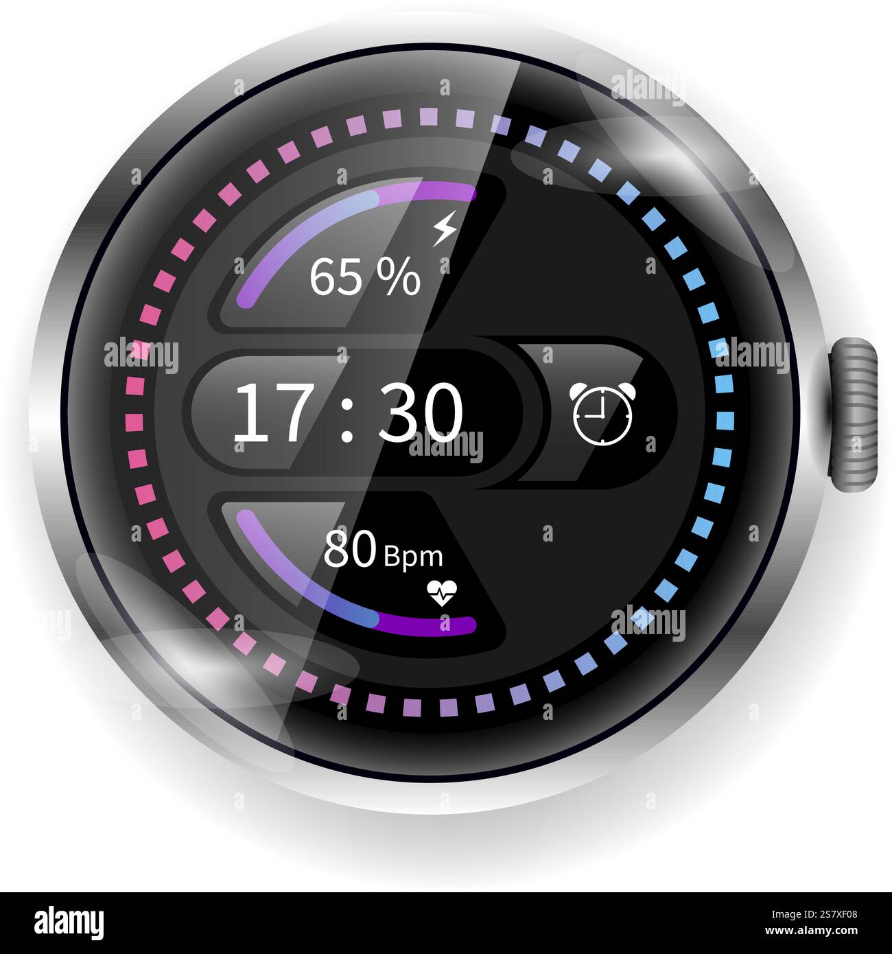 A futuristic smartwatch face featuring a sleek circular design with ...