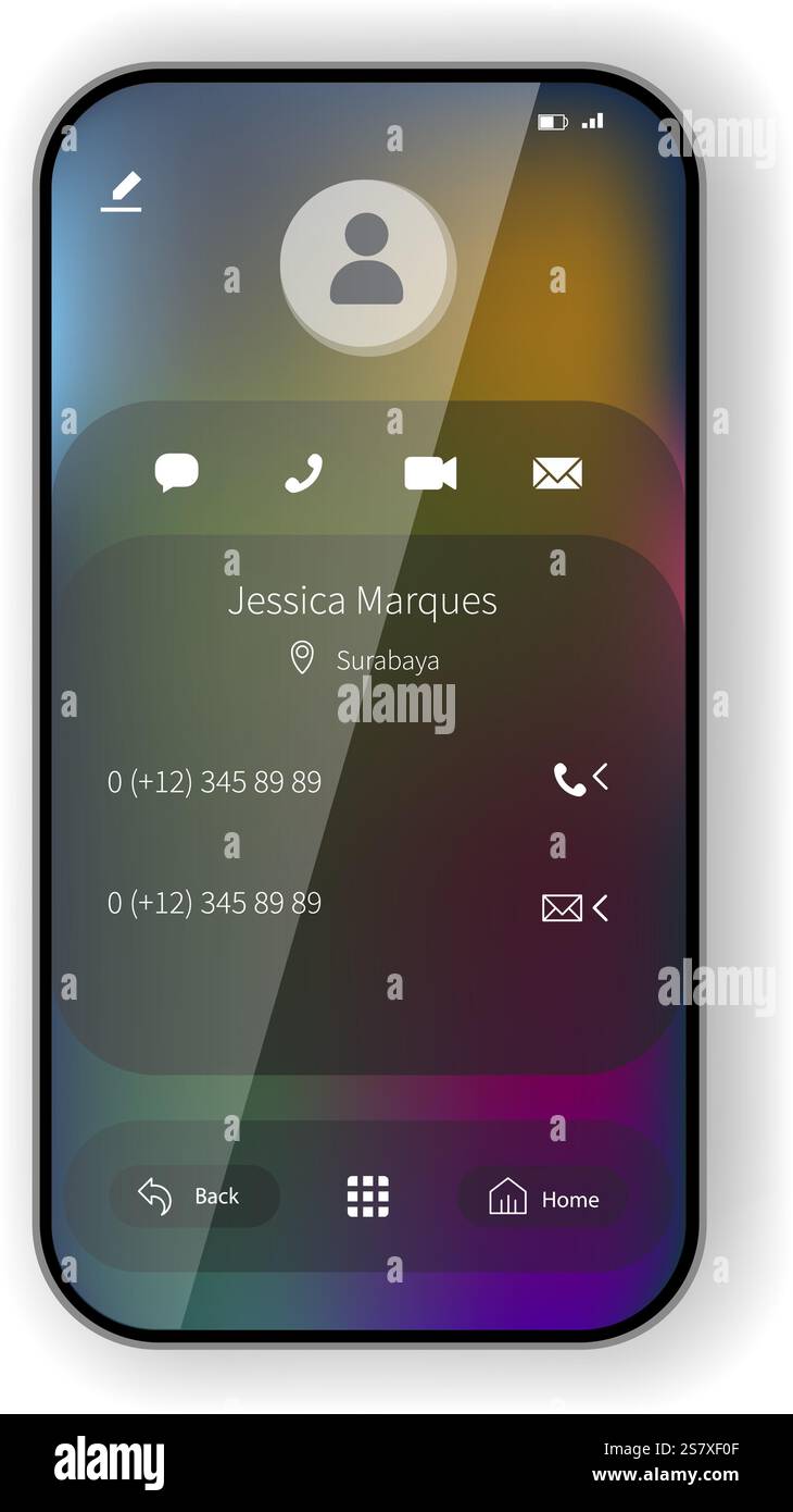 A vector illustration of a smartphone contact screen featuring a ...