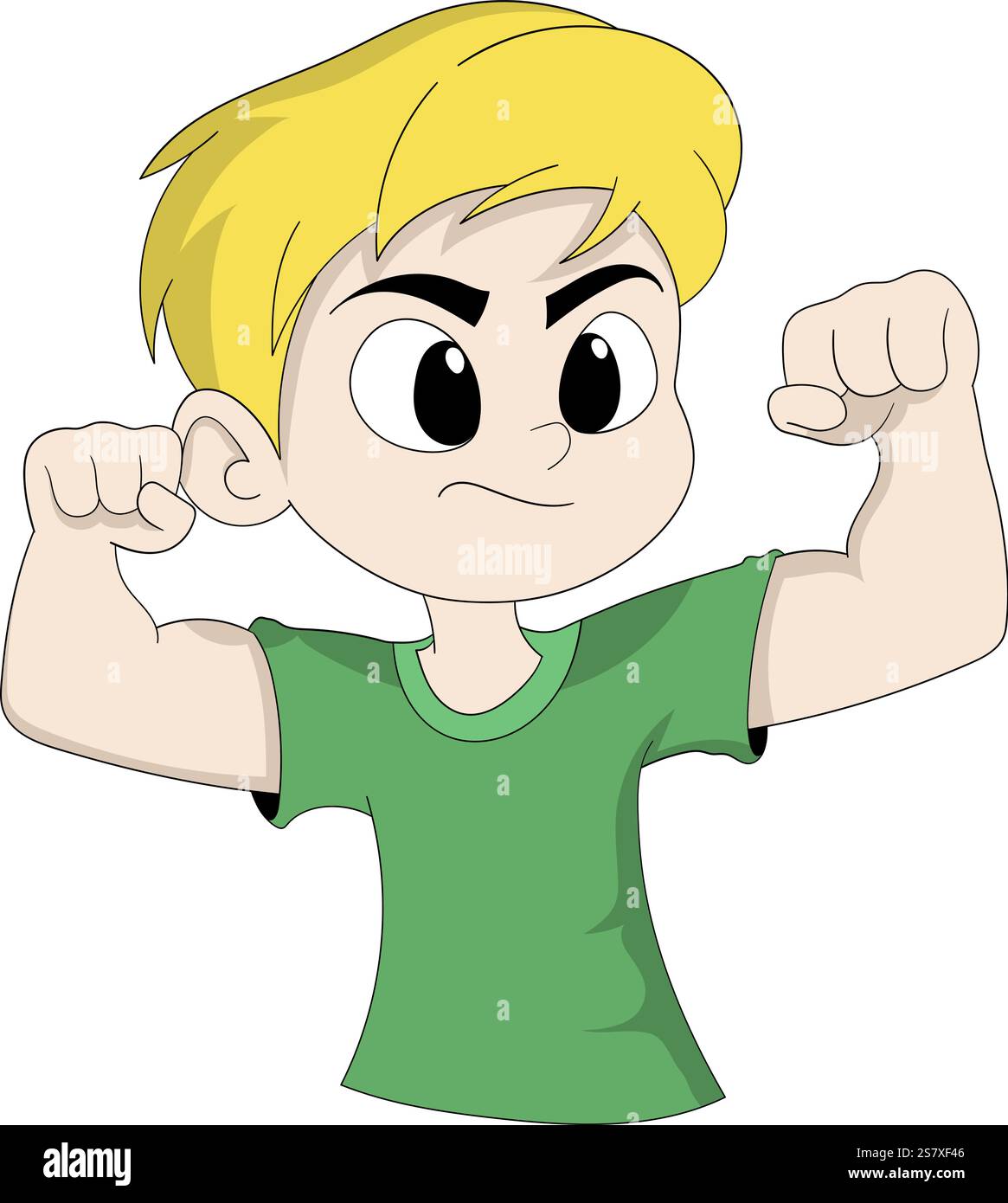 A cartoon illustration of a boy proudly flexing his biceps, displaying ...