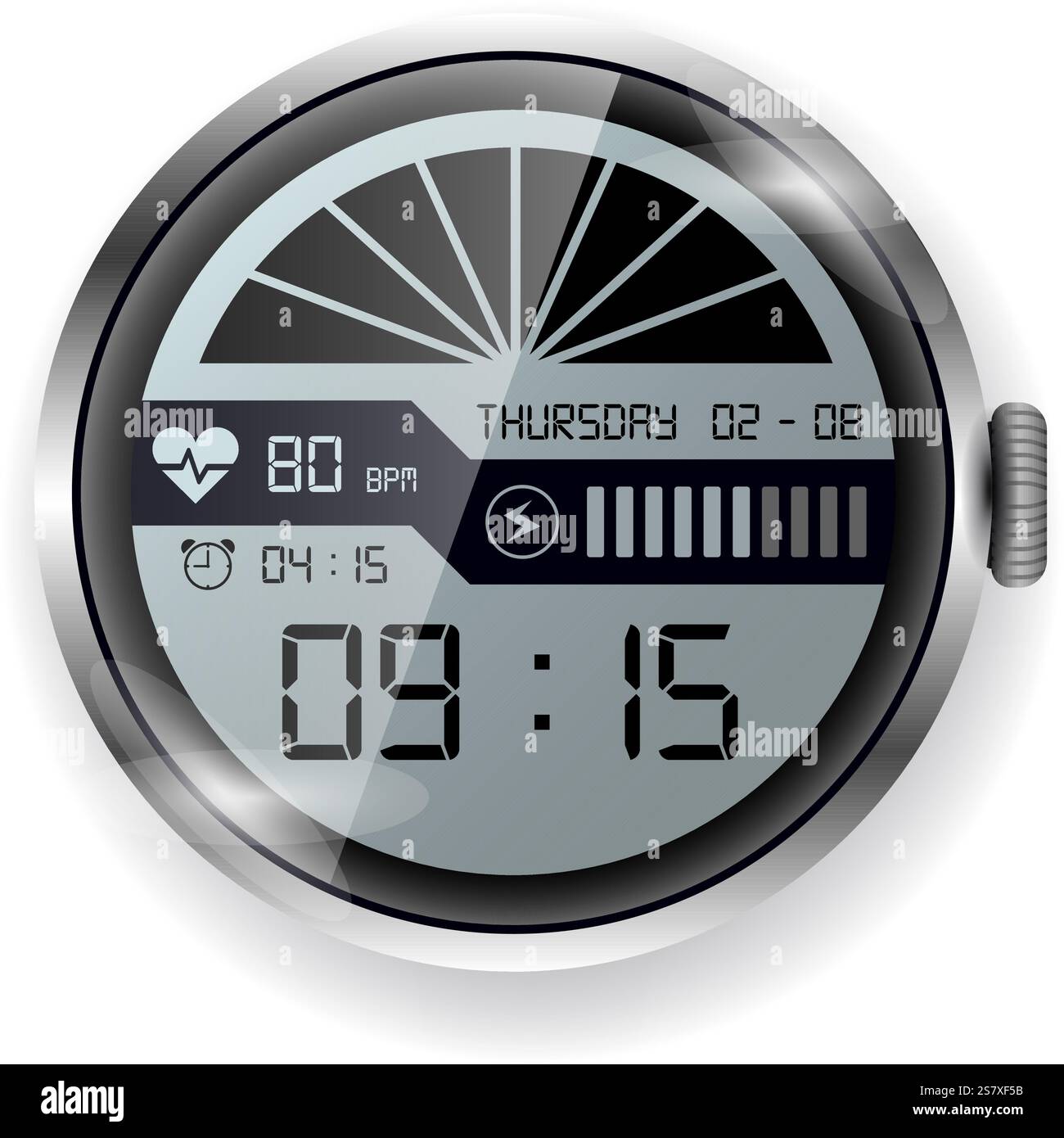 A modern circular smartwatch face featuring a monochrome digital ...
