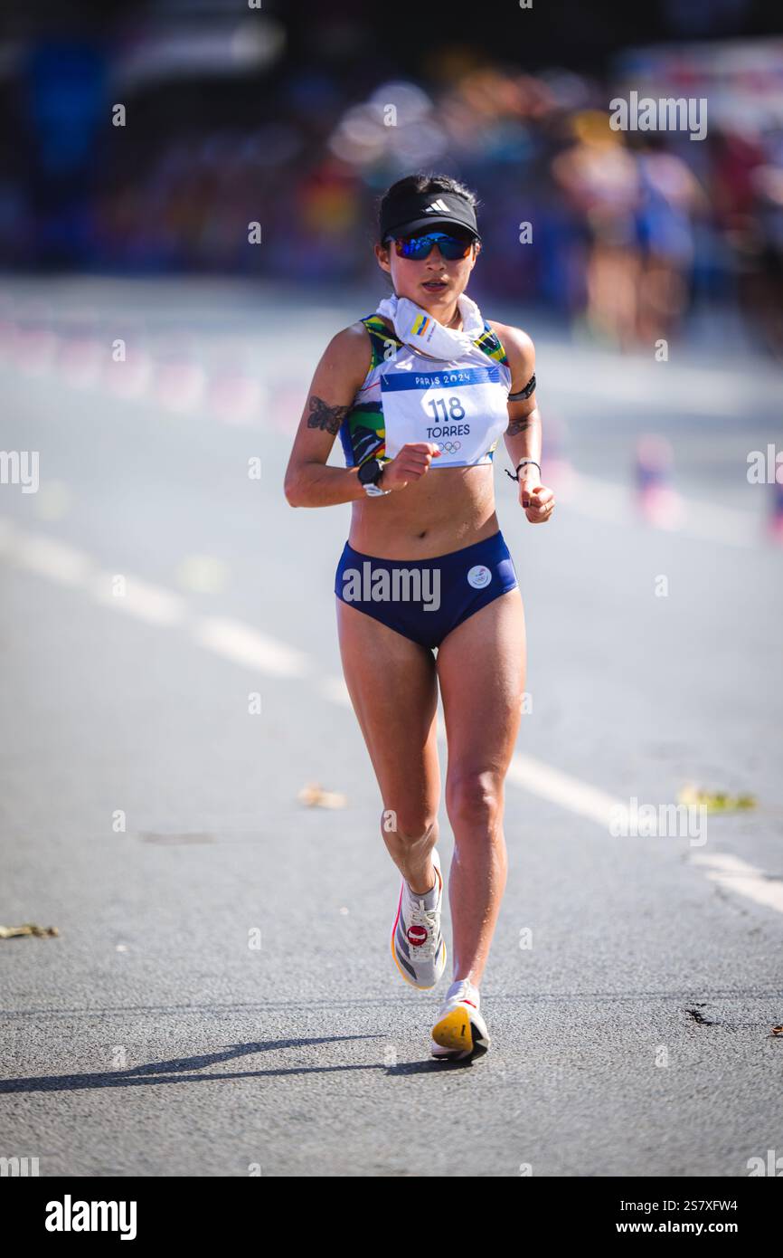 Paula Milena Torres participating in the 20 Kilometer Race Walk at the Paris 2024 Olympic Games ...