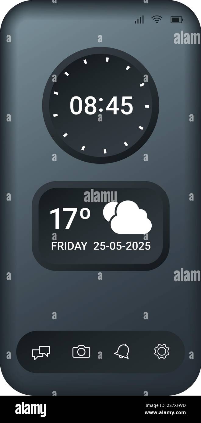 A sleek and modern mobile phone UI featuring a circular clock widget ...