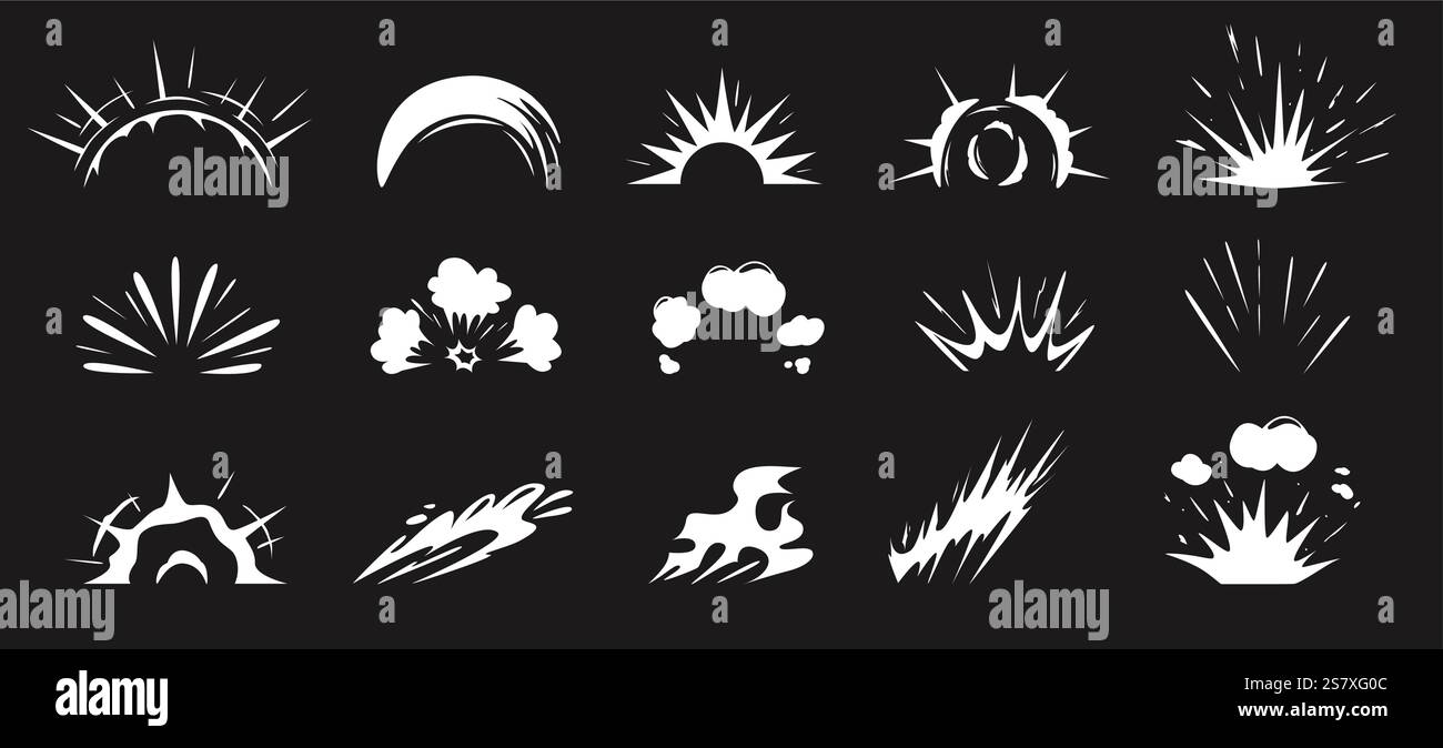 Cartoon surface explosion shapes. Explosive burst icons, dynamic blast ...