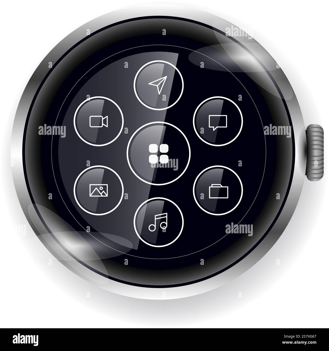 A modern smartwatch interface showcasing a circular apps library with ...