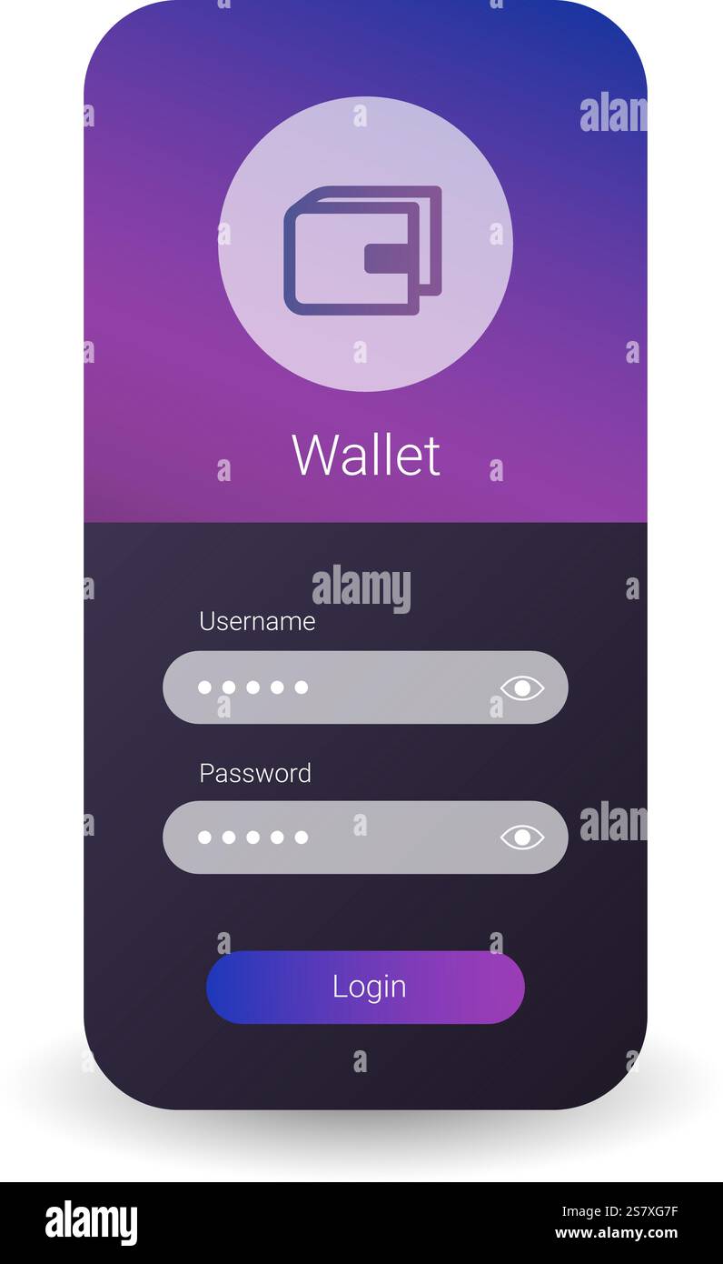 A sleek and modern login interface design for a digital wallet application featuring a gradient ...