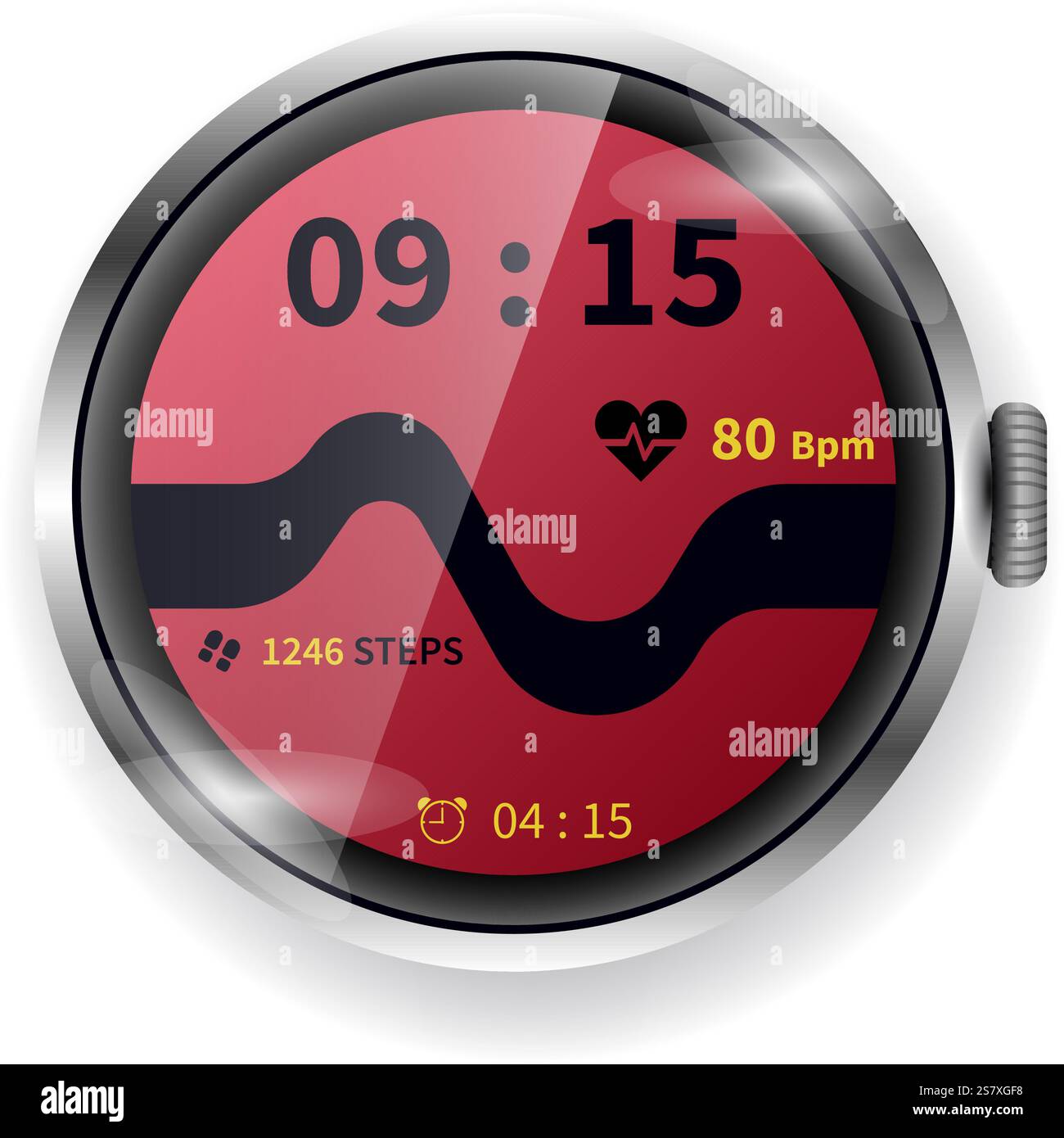 A bold and dynamic circular smartwatch face featuring a red theme with ...