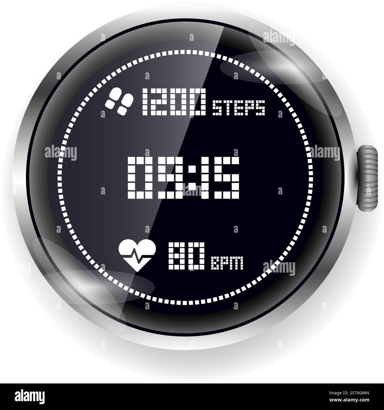 A stylish smartwatch face featuring a retro pixelated design with step ...