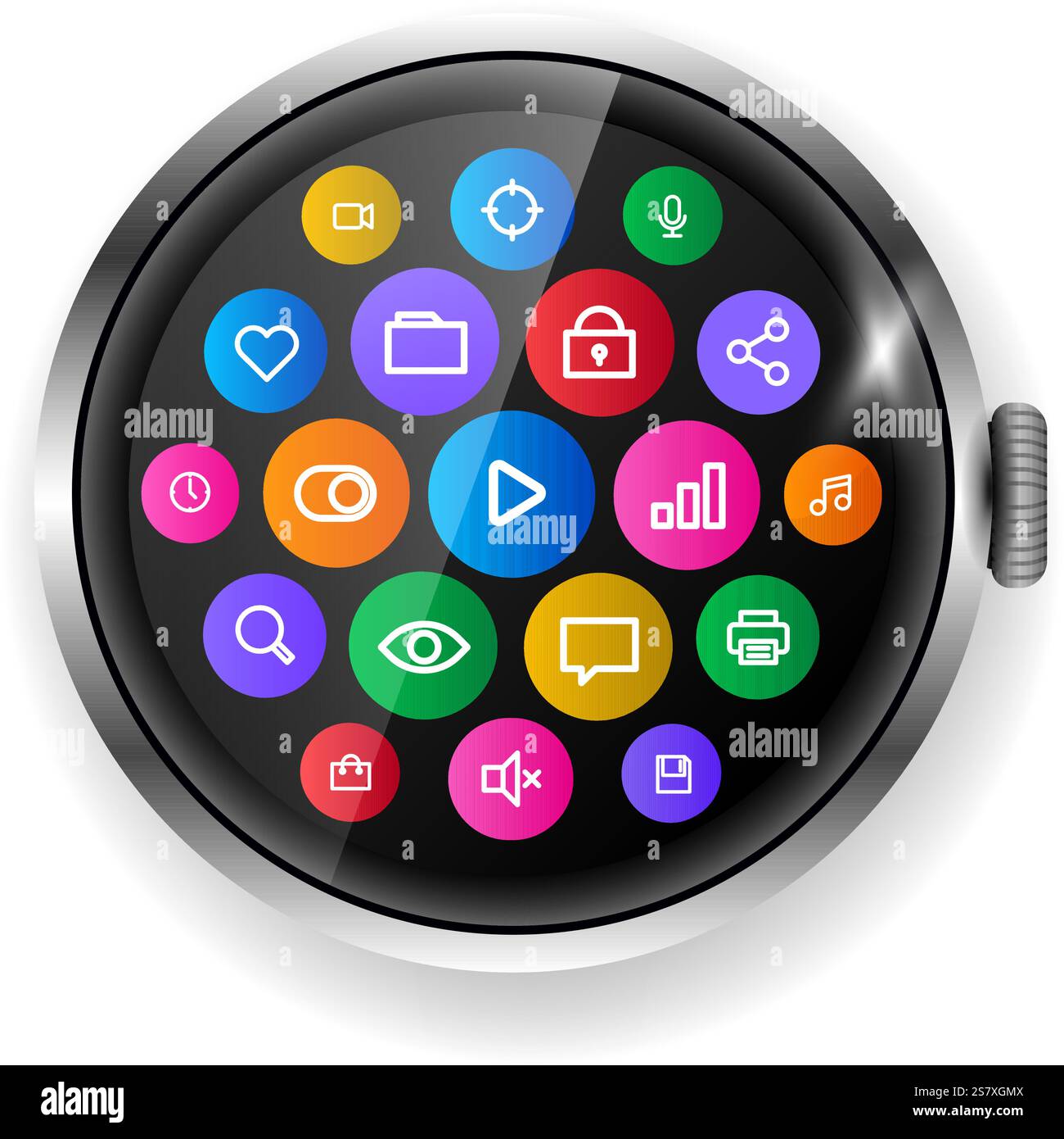 This vector illustration features a vibrant smartwatch interface ...
