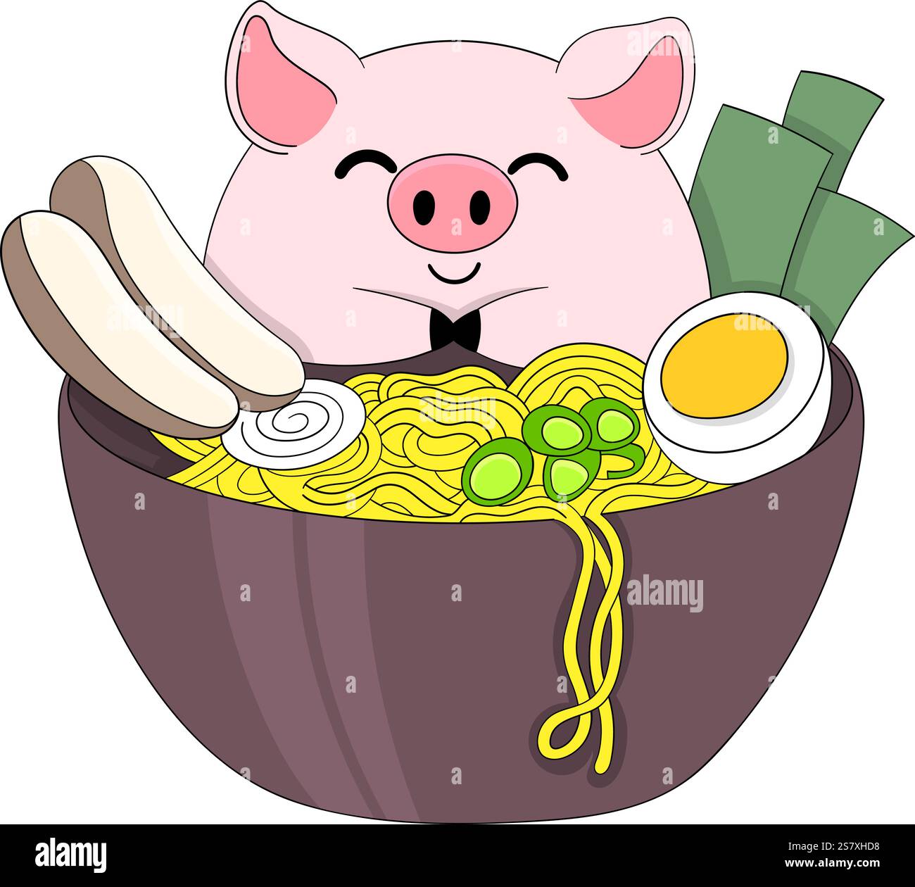 A charming illustration of a smiling pig sitting inside a bowl of ramen ...