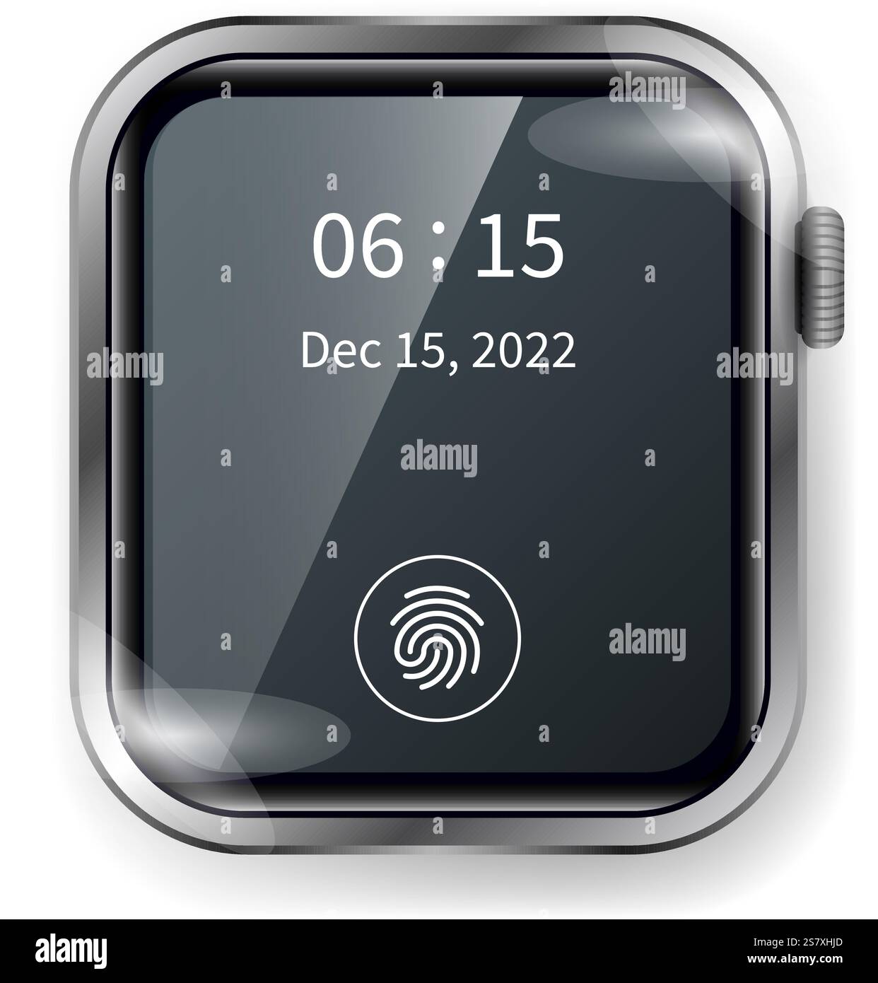 A vector illustration of a smartwatch face user interface featuring a ...