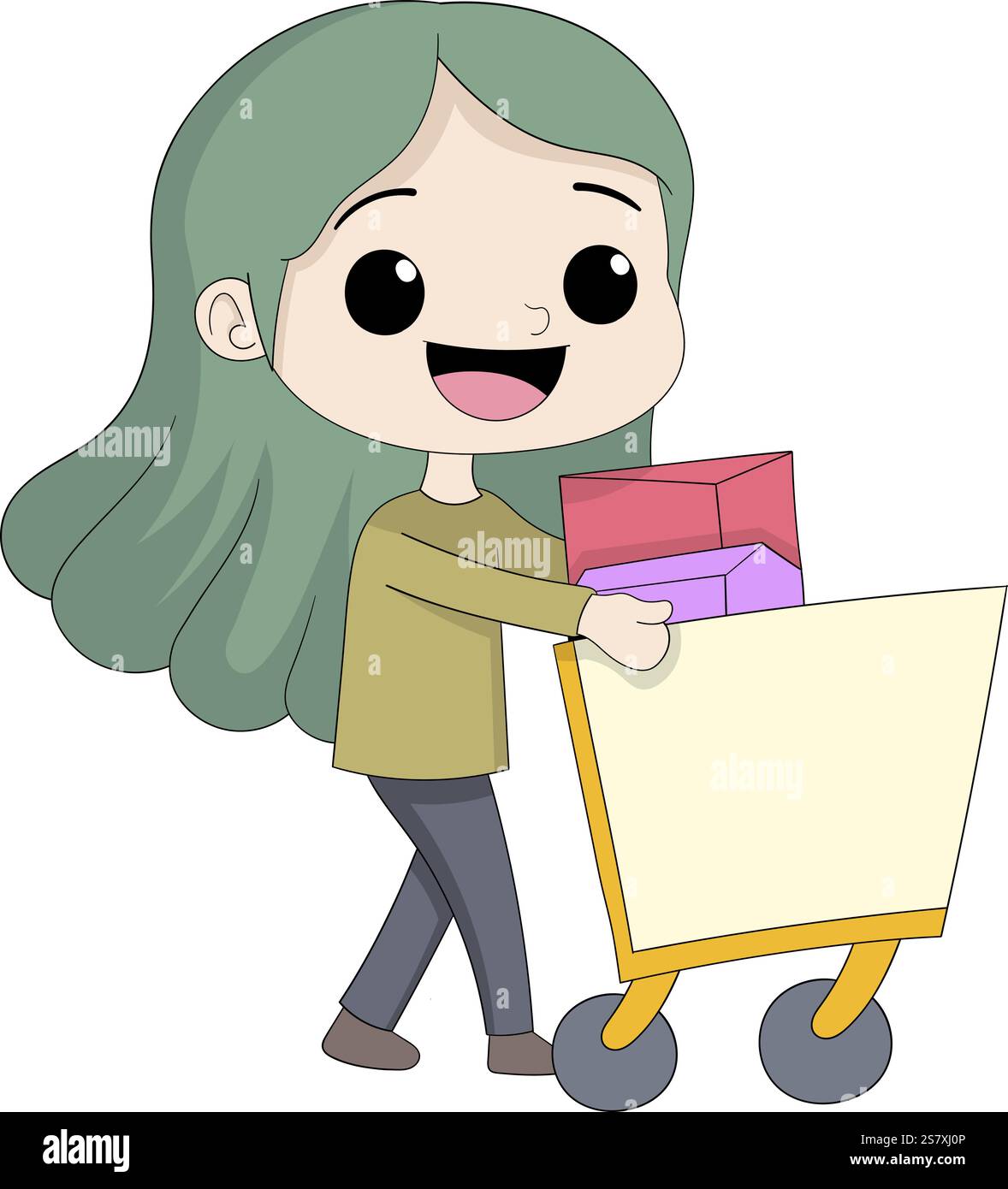 A cheerful cartoon illustration of a girl pushing a shopping cart ...
