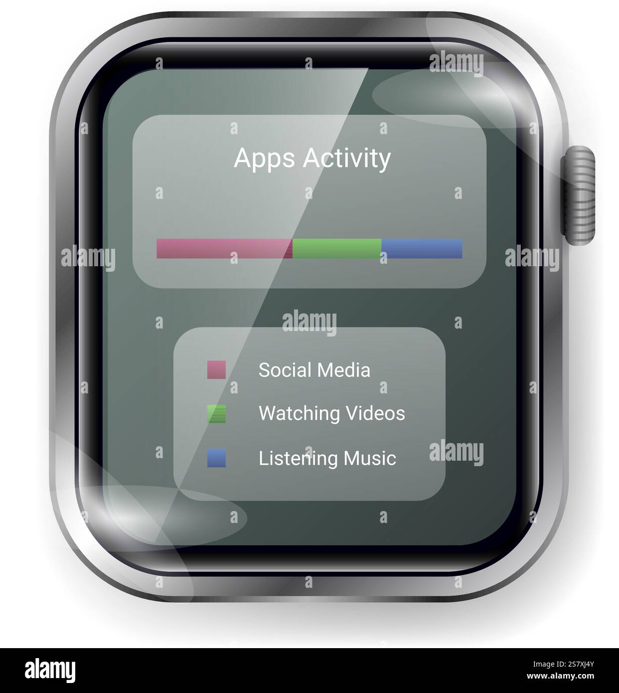 A vector illustration of a smartwatch user interface showing a screen time usage report Stock ...