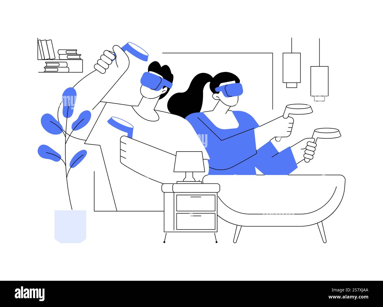 VR games isolated cartoon vector illustrations. Couple wearing goggles ...