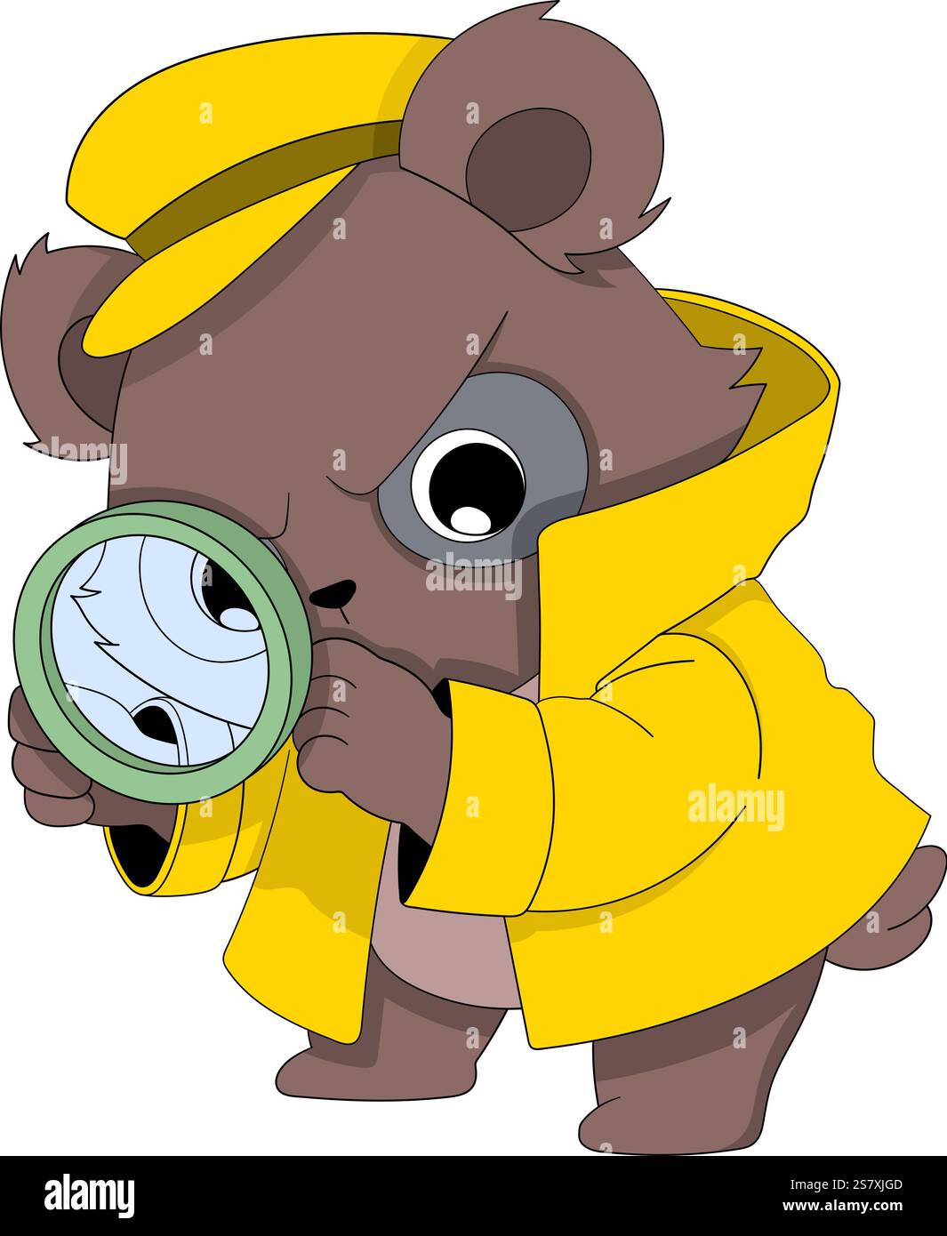 A cute and curious bear wearing a yellow detective coat and hat while ...