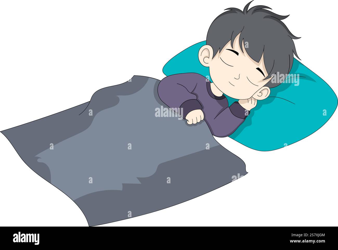 A cartoon style image of a boy peacefully sleeping under a blanket with ...