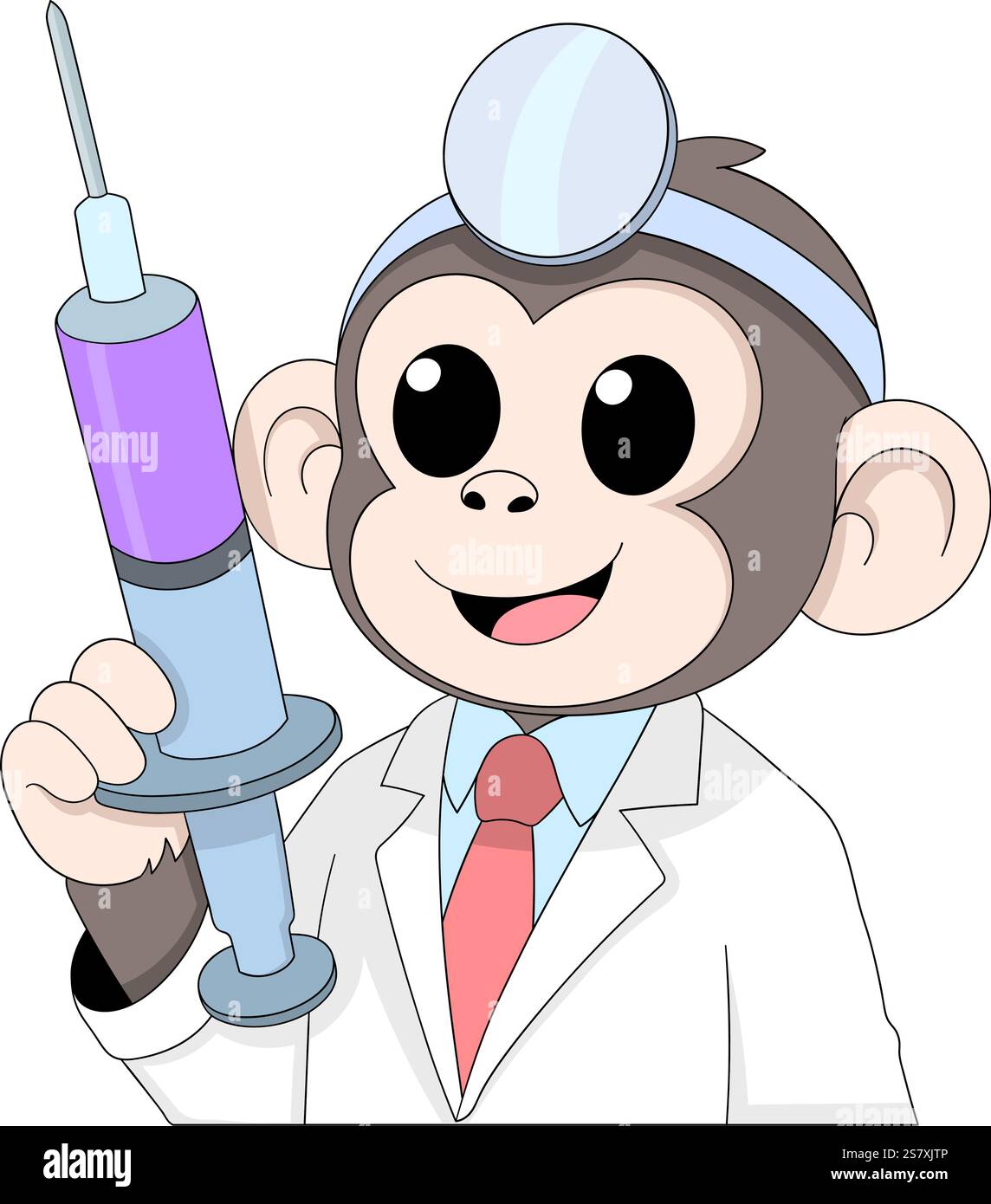 A playful cartoon monkey dressed as a doctor, holding a syringe and ...