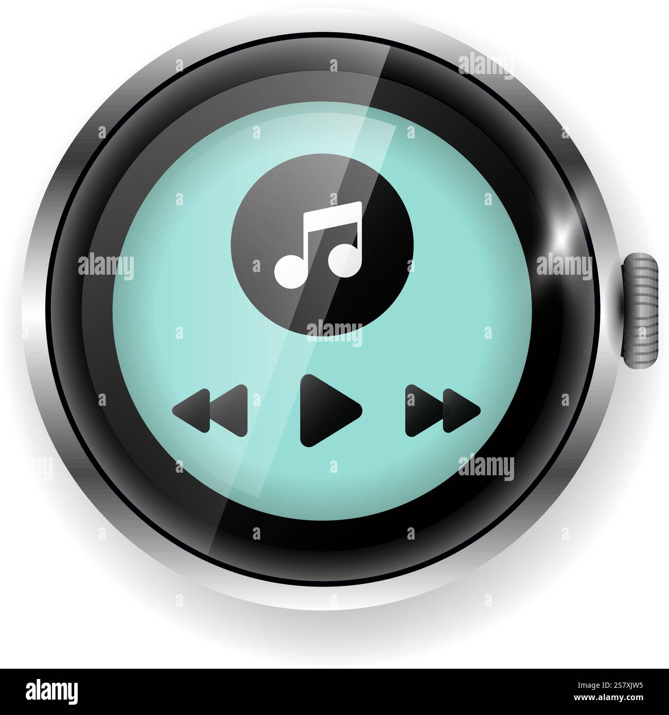 This vector illustration showcases a smartwatch music player interface with playback controls ...
