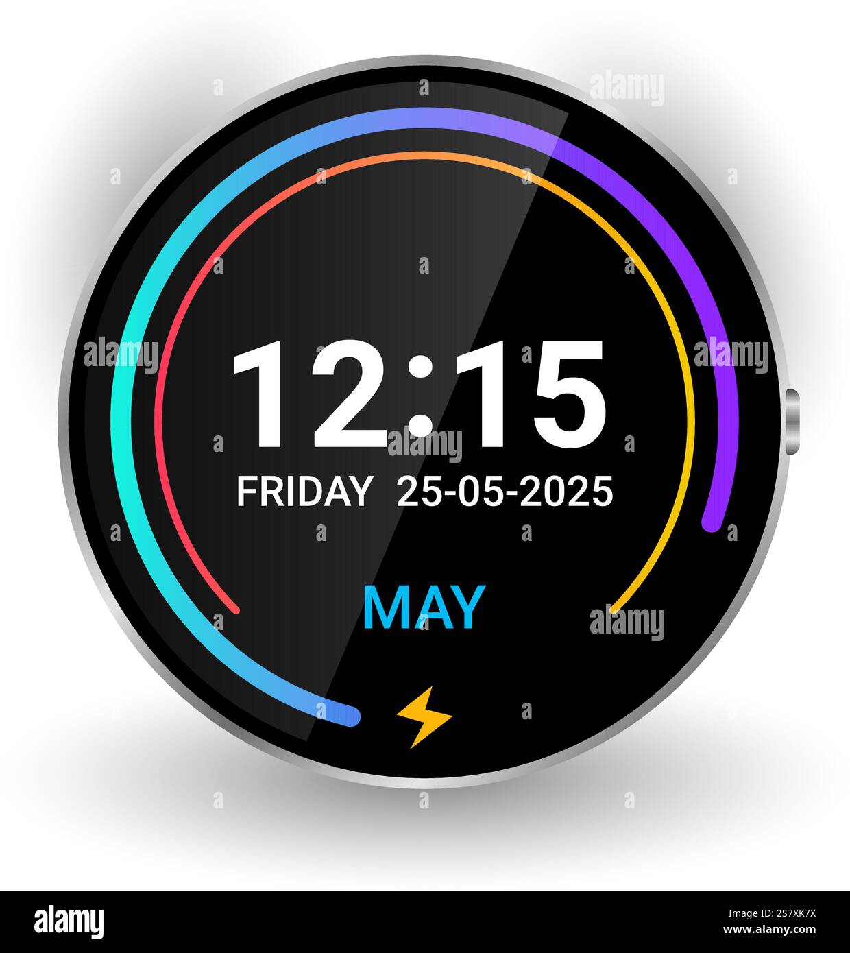 A vibrant smartwatch interface featuring a digital clock, date display ...