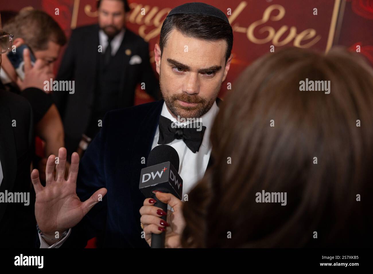 Washington, USA. 19th Jan, 2025. Ben Shapiro speaks with press on the ...