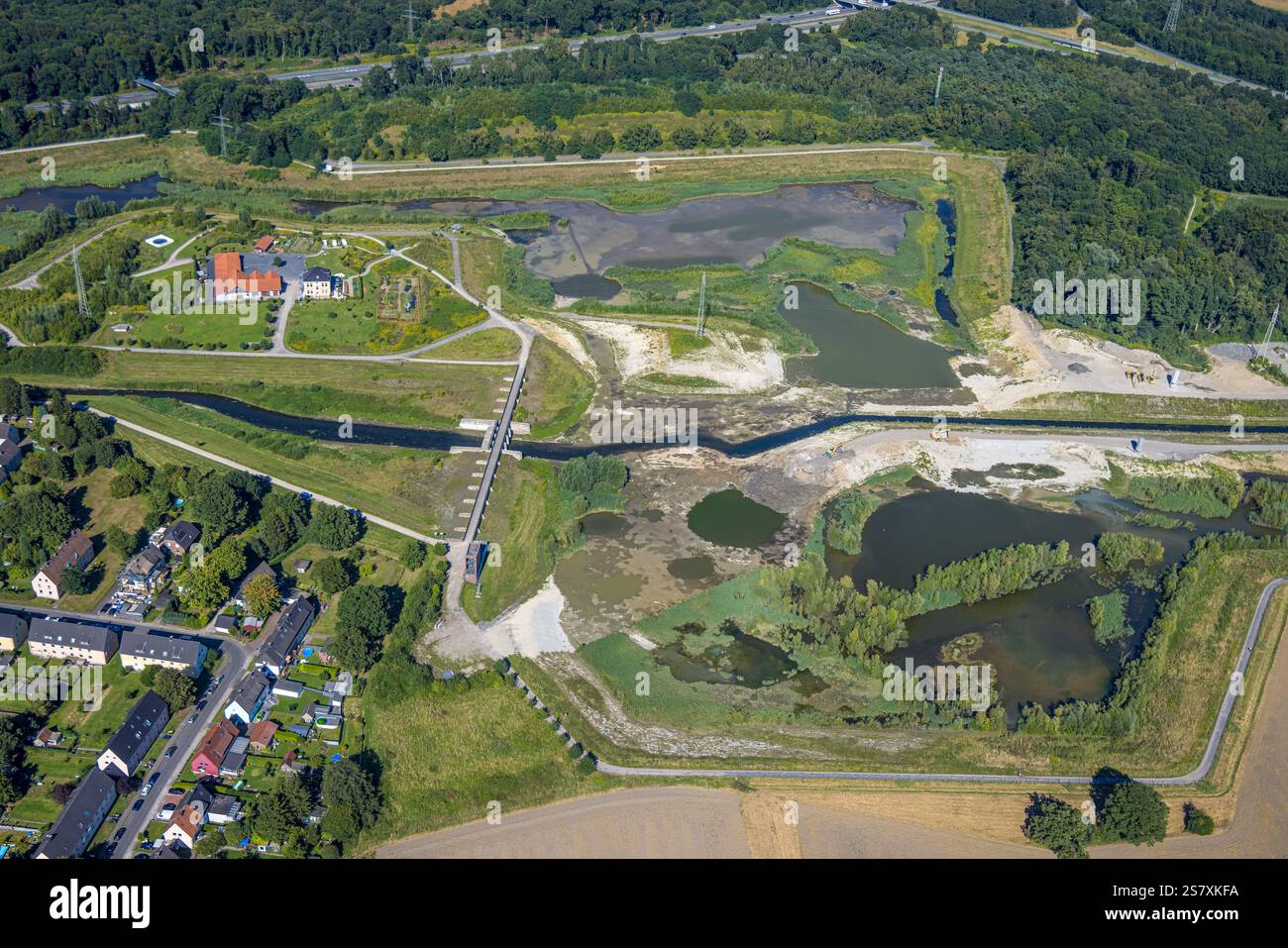 Aerial view, flood retention basin Mengede / Emscher-Auen, Emscher ...