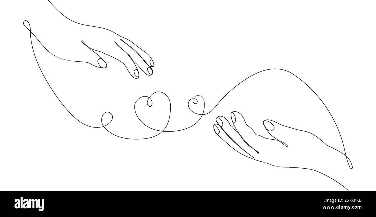 Two hands holding a heart in a continuous line art style. Hands of ...