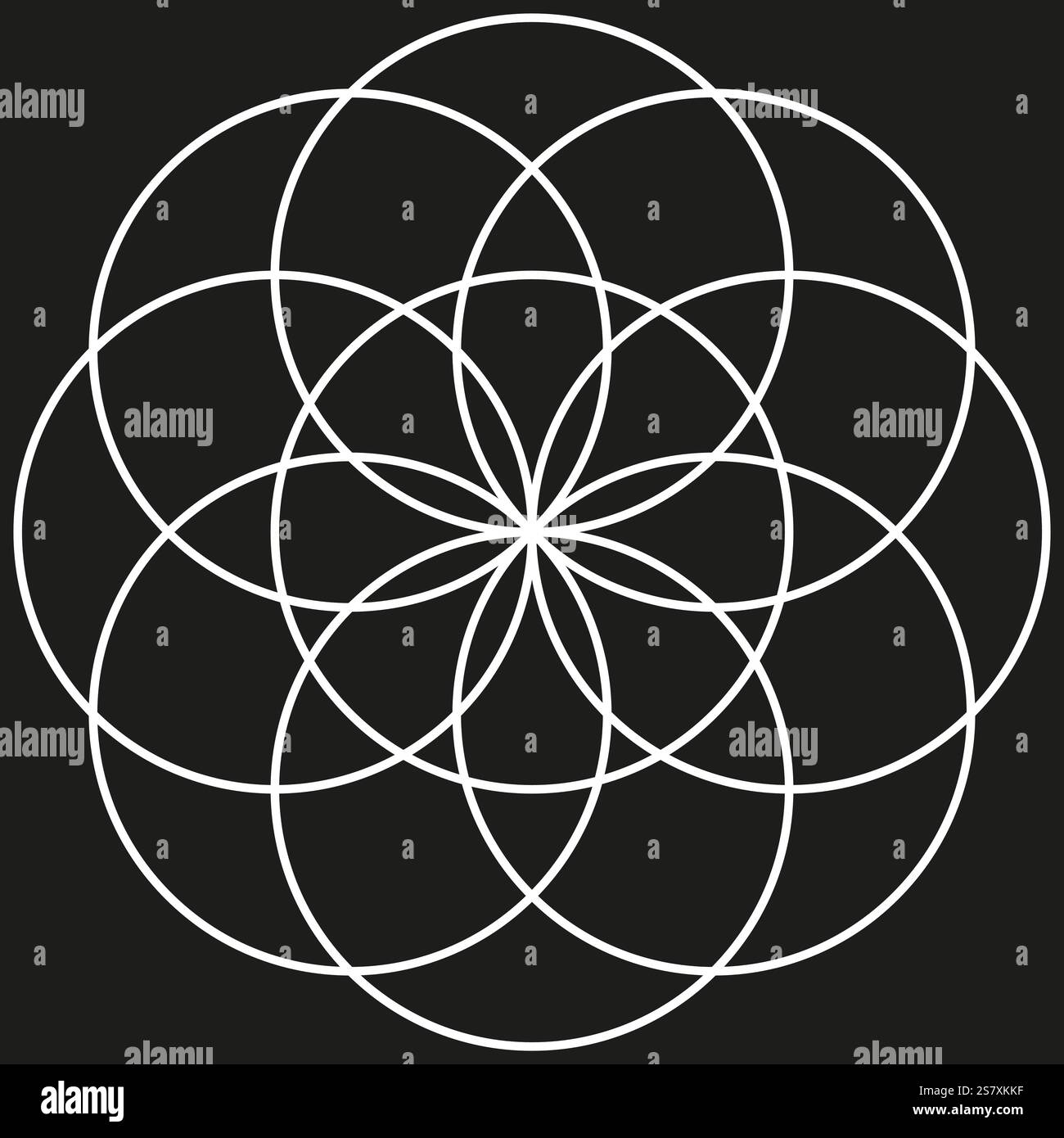 Geometric Flower Pattern Black Background Contrast Intersecting Circular Shapes Bold Vector