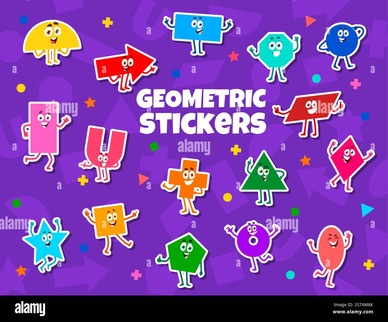 Math shape characters stickers pack. Cartoon geometric figures. Semi ...