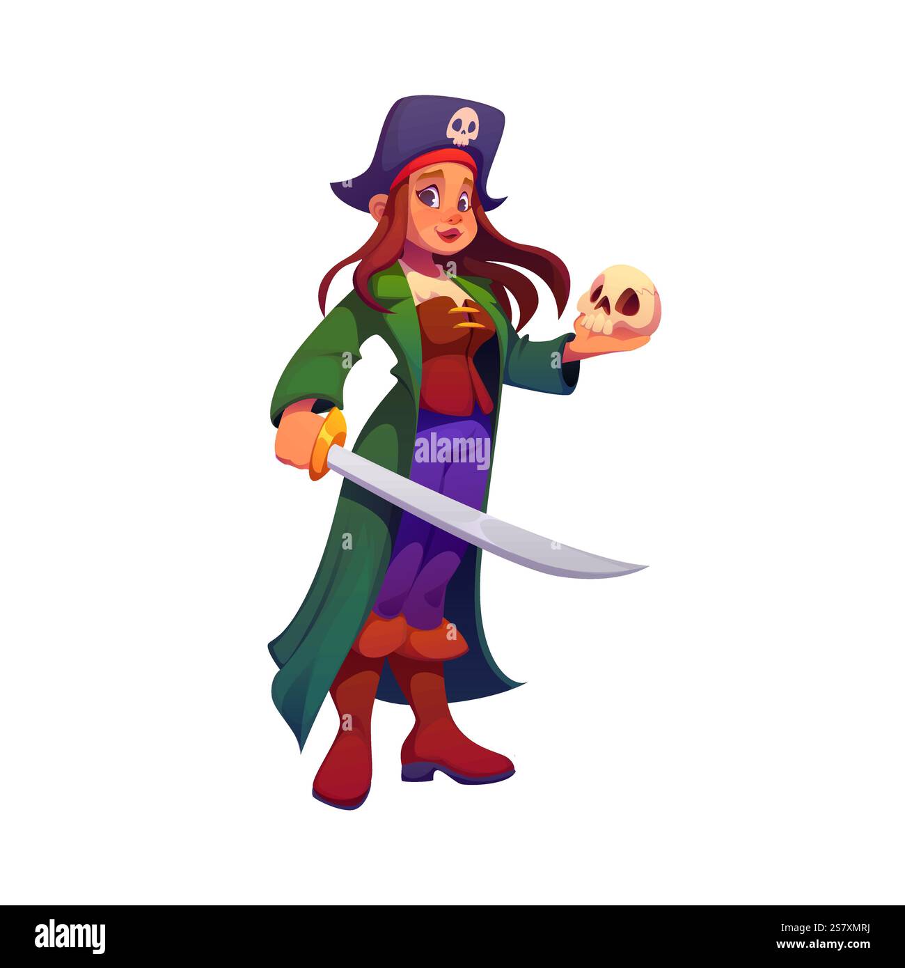 Pirate sailor girl or corsair captain woman character with sword and skull, cartoon vector ...