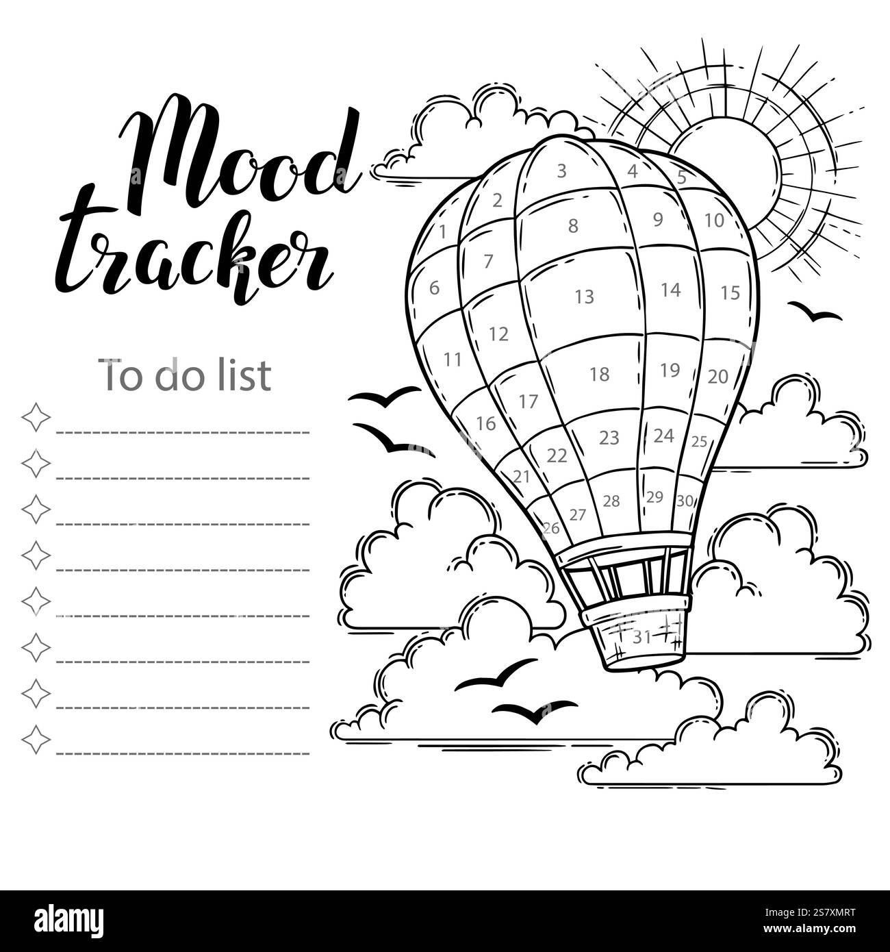 Mood tracker blank with hand drawn lettering and balloon sketch. Bullet ...